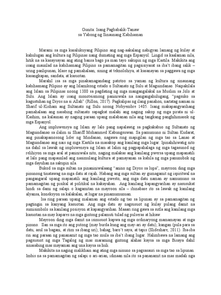 (PALIMA) Gunita - Isang Pagbabalik-Tanaw Sa Yabong NG Sinaunang Kabihasnan | PDF