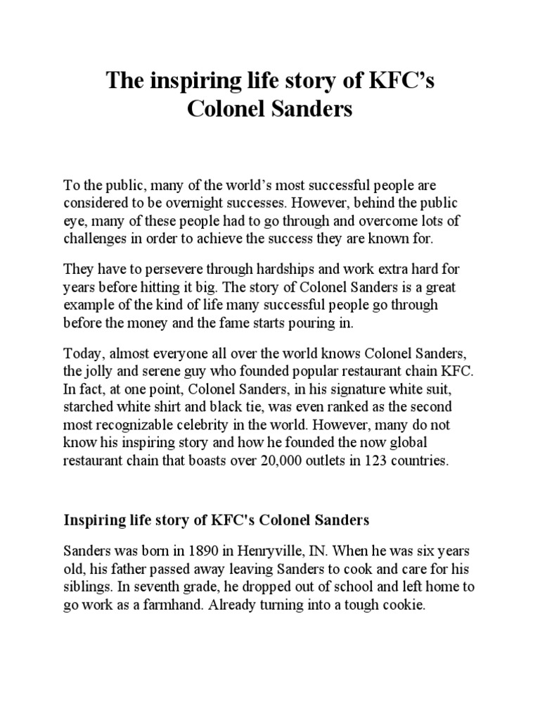 Inspiring Life Story of KFC's Colonel Sanders | PDF | Restaurant And ...