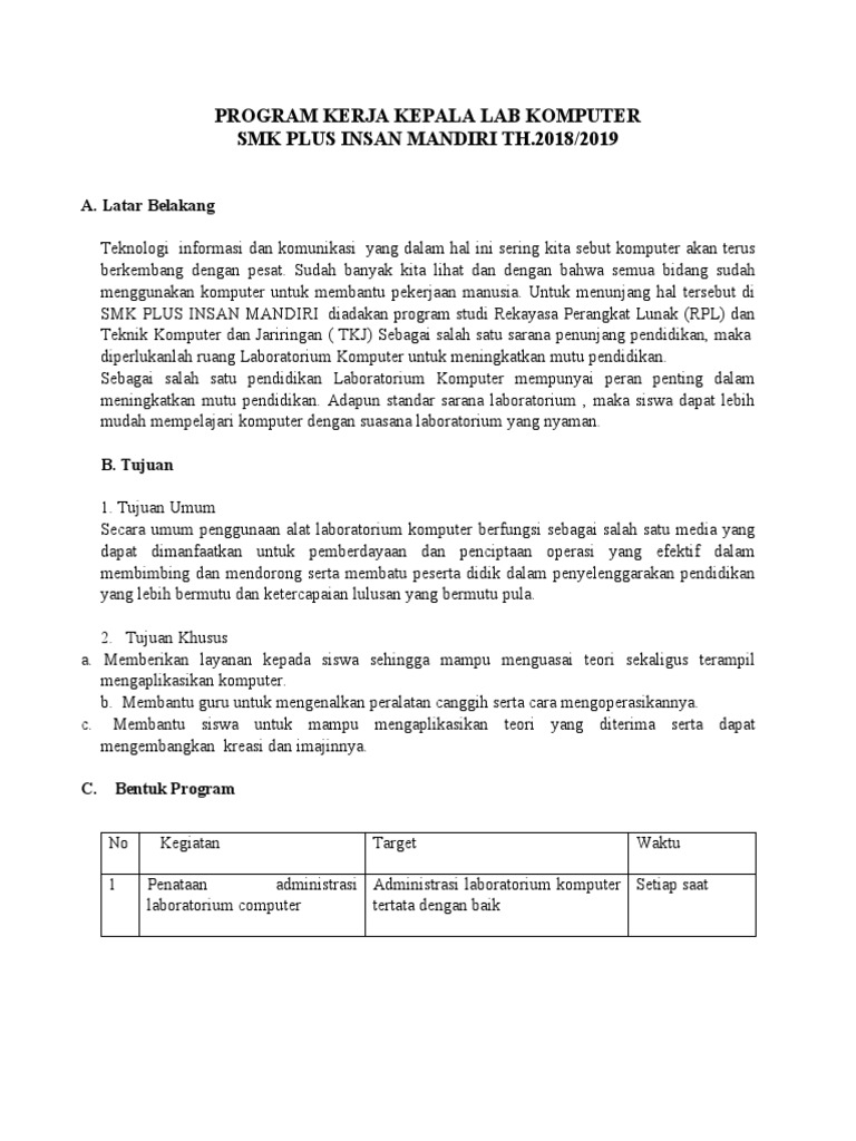 Program Kerja Kepala Lab Komputer | PDF