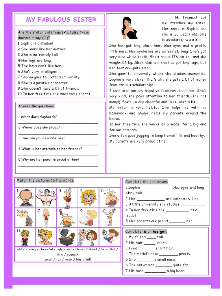 My Fabulous Sister Describing People Icebreakers Reading Comprehension ...