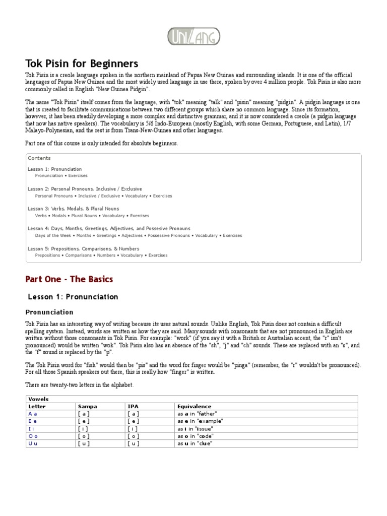 Tok Pisin For Beginners Part 1 | PDF | Language Mechanics | Linguistics