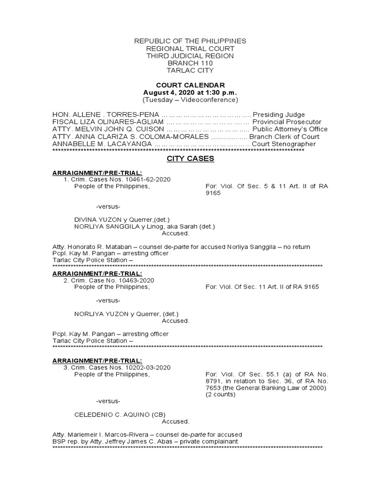 Tarlac City Court Calendar - Aug 2020 | PDF | Criminal Law | Criminal ...