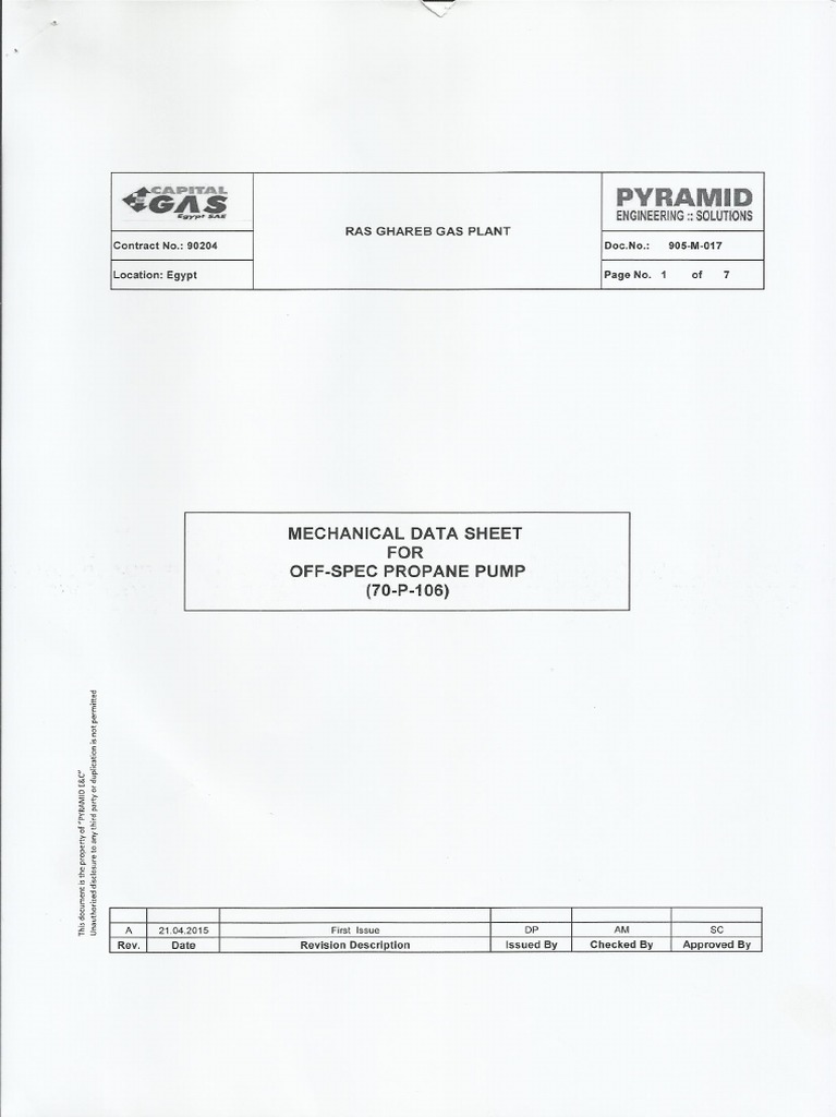 Mechanical Data Sheet For OFF-SPEC PROPANE PUMP PDF | PDF
