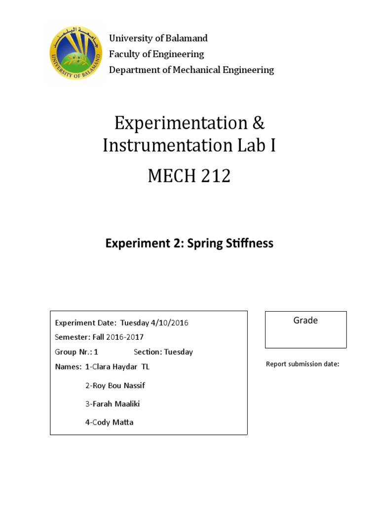 Experimentation & Instrumentation Lab I MECH 212: Experiment 2: Spring ...