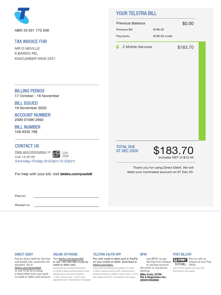 Tax Invoice For: Your Telstra Bill | PDF | Debit Card | Payments