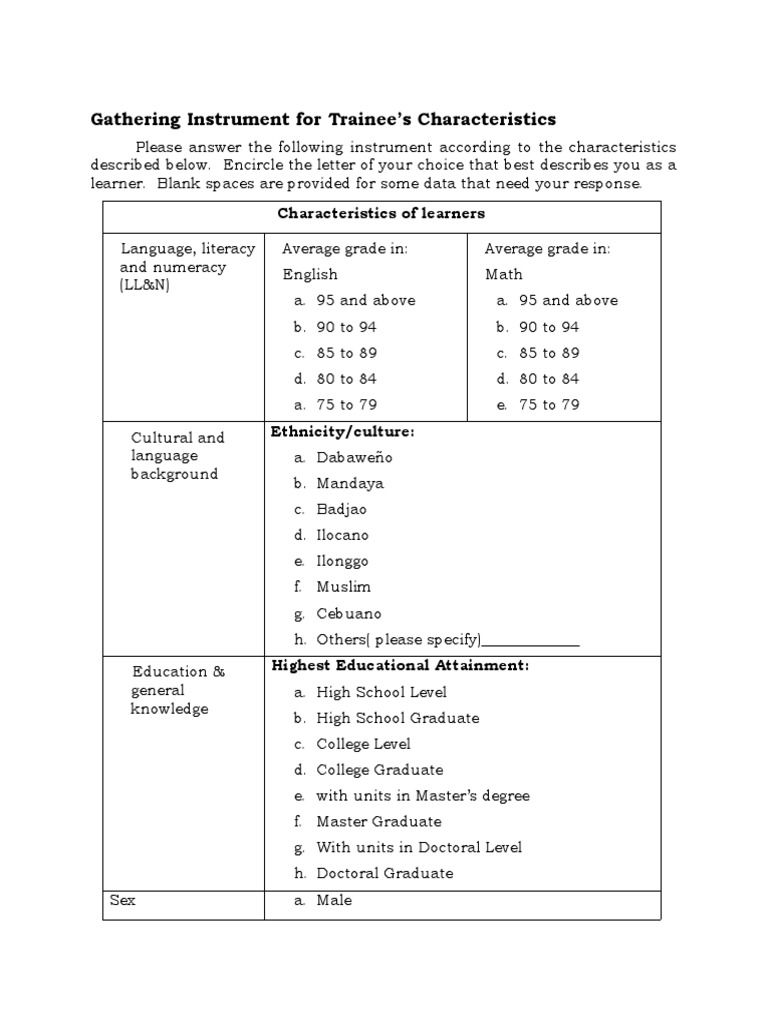 Gathering Instrument For Trainee's Characteristics | PDF | Learning ...