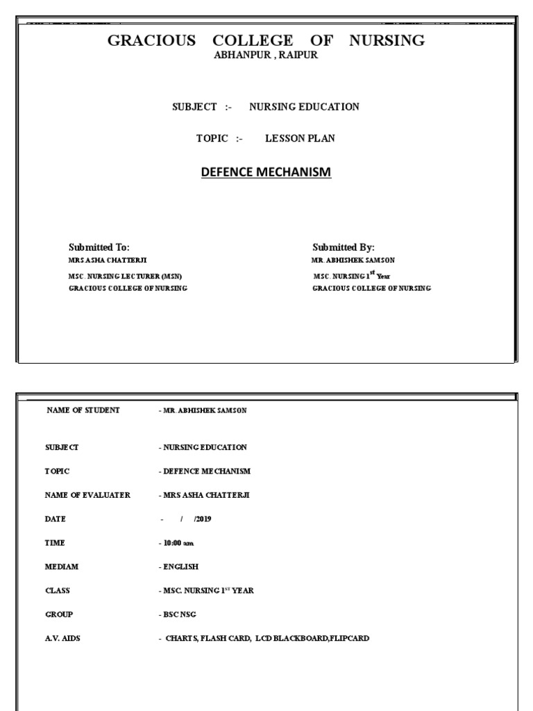 LESSON PLAN Defence Mechanism | PDF | Clinical Psychology | Action ...