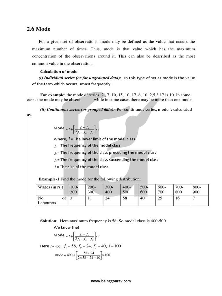 2.6 Mode: Calculation of Mode in This Type of Series Mode Is The Value ...