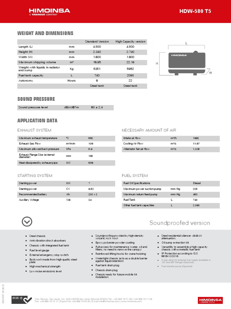 HDW-580 T5 Generator Technical Specs and Dimensions | PDF | Pump | Fuels