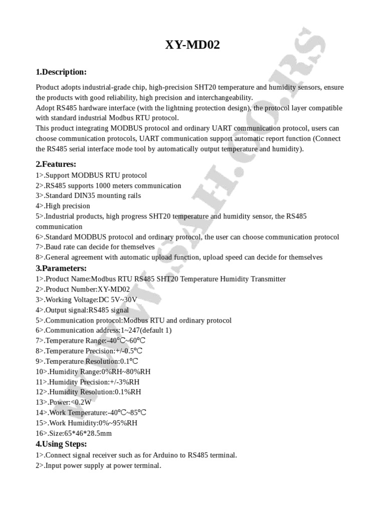XY-MD02 Modbus Temperature & Humidity Sensor | PDF
