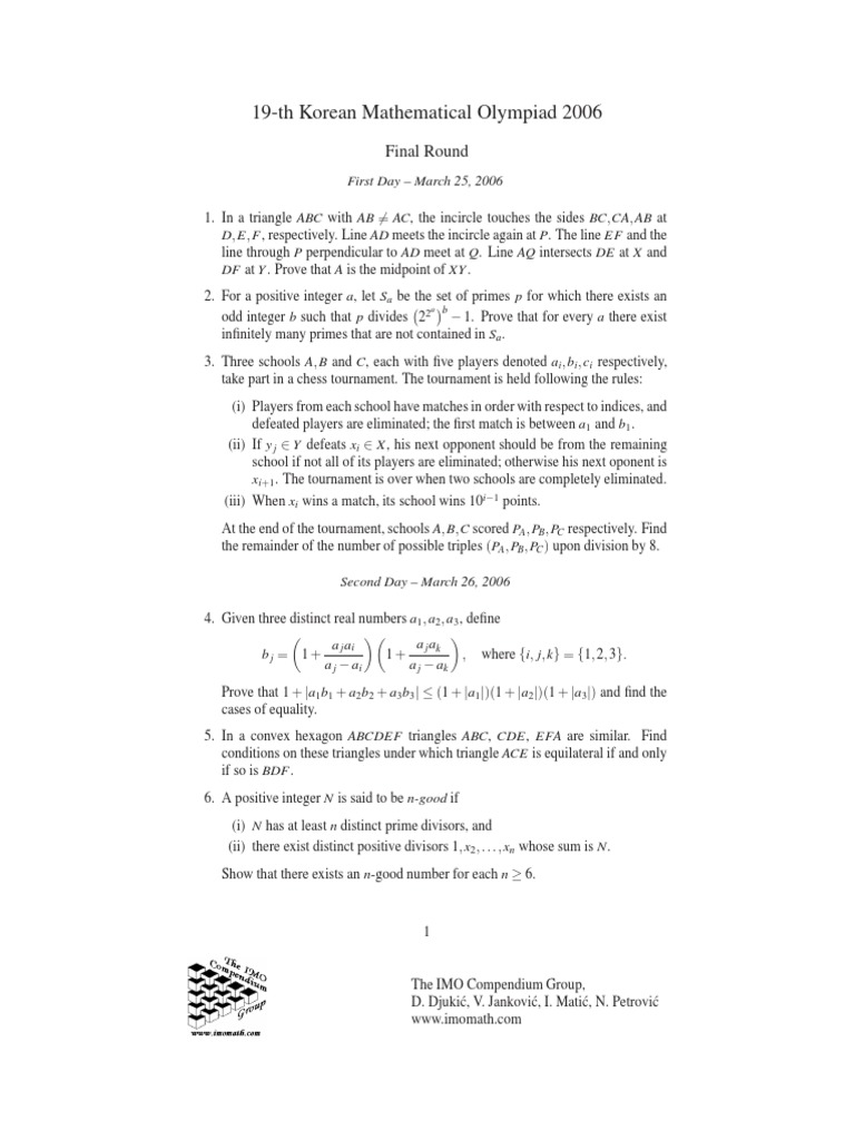 19-th Korean Mathematical Olympiad 2006: Final Round | Download Free ...