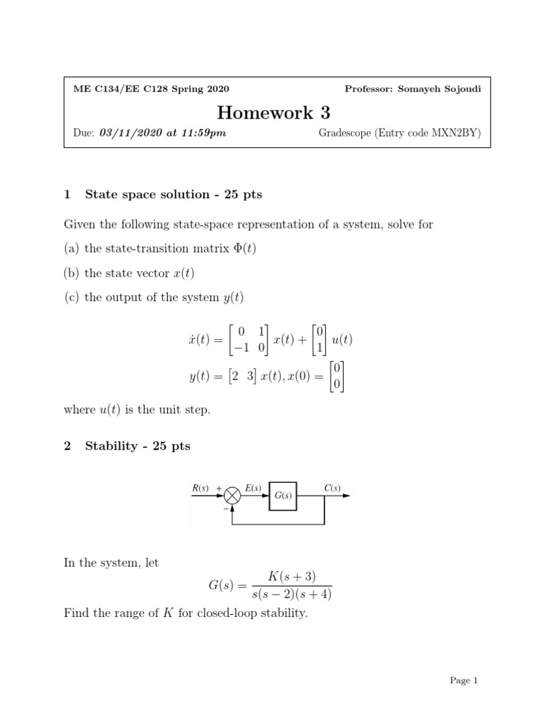 CONTROL SYSTEMS QUESTIONS UC BERKELEYme134 - sp20 - hw3 | PDF ...