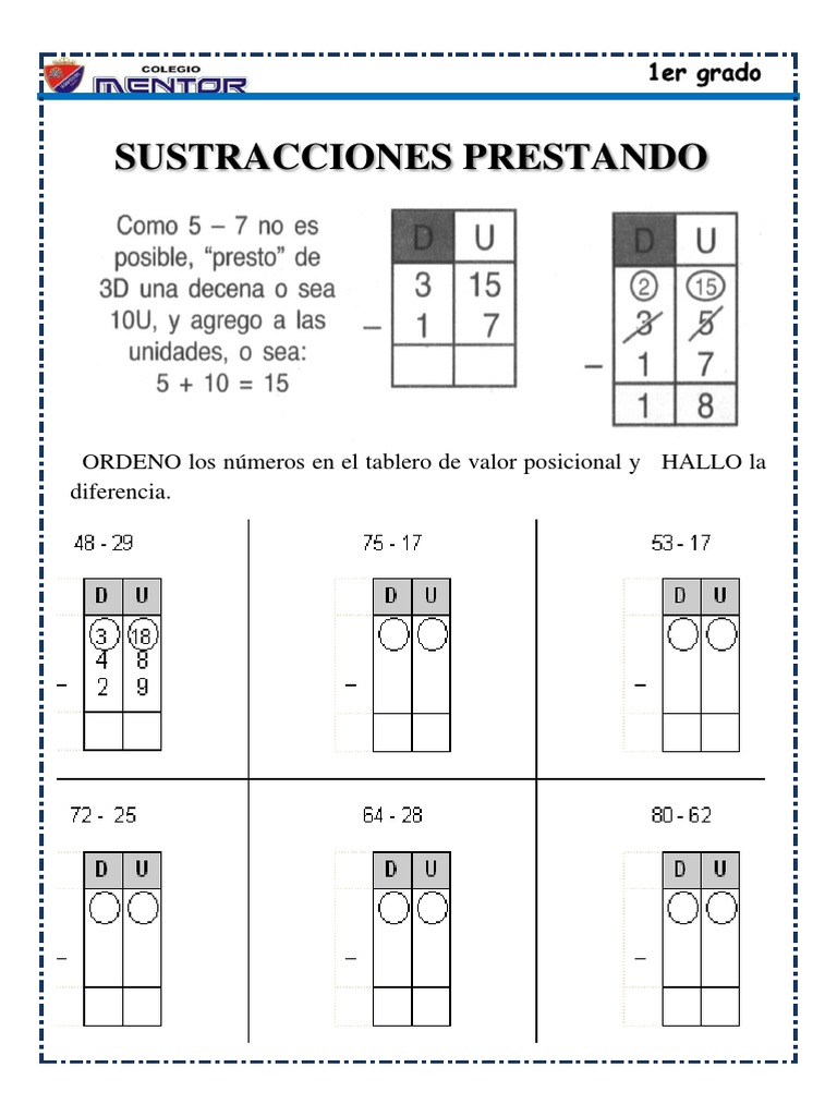 Hojas De Trabajo De Resta De Valor Posicional Enero Repaso De