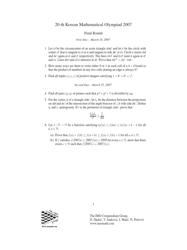 20-th Korean Mathematical Olympiad 2007: Final Round | PDF