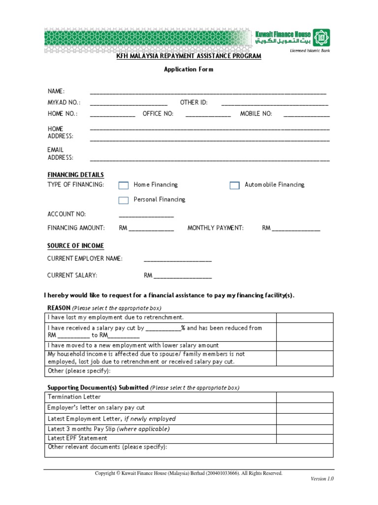 KFH Malaysia Repayment Assistance Program Application Form: (Please ...