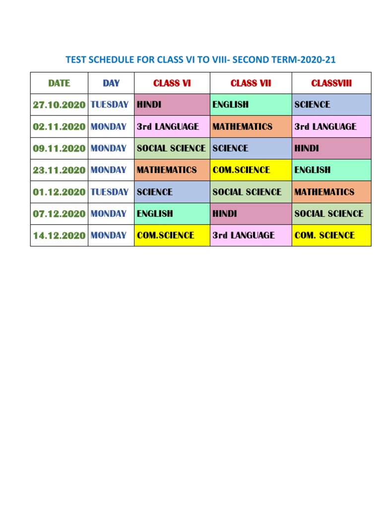 Class VI-VIII Test Schedule 2020-21 | PDF