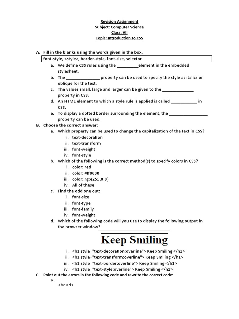 Revision Assignment Css Class Vii Pdf Cascading Style Sheets Html Element 
