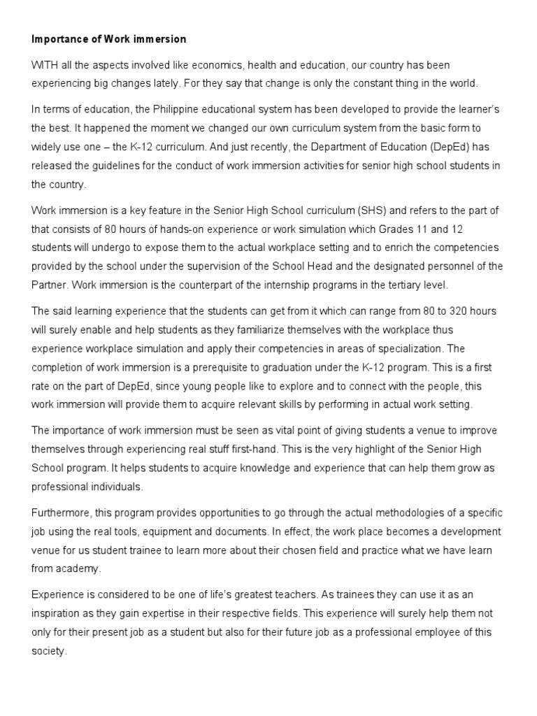 Importance of Work Immersion | PDF | Curriculum | Schools