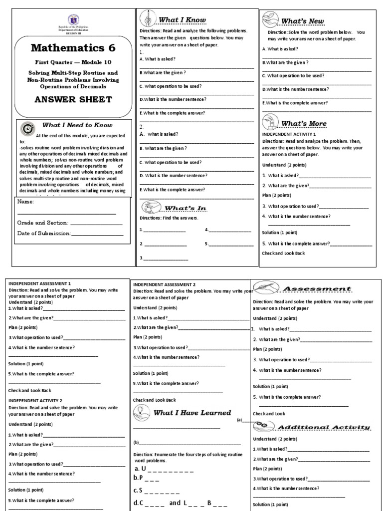 Module 10 Answer Sheet MATH 6 | PDF | Cognition | Teaching Mathematics