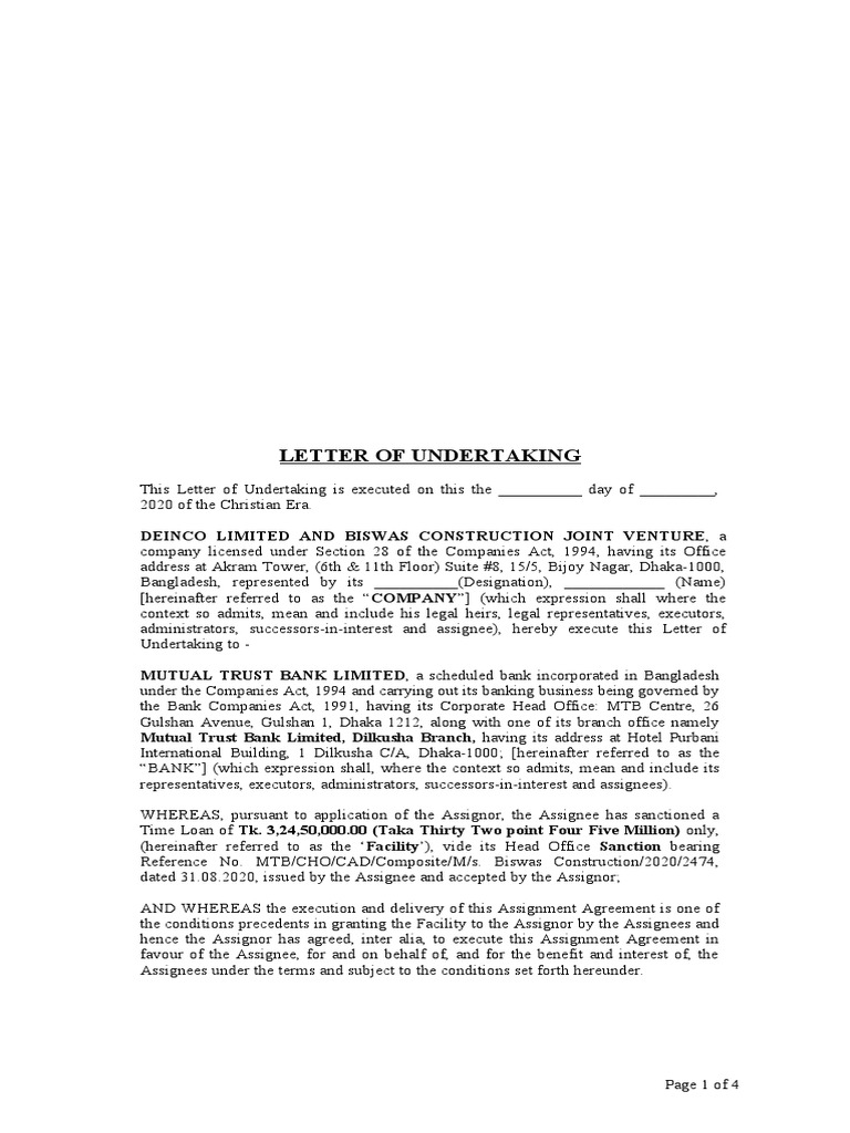 Letter of Undertaking: Deinco Limited and Biswas Construction Joint ...