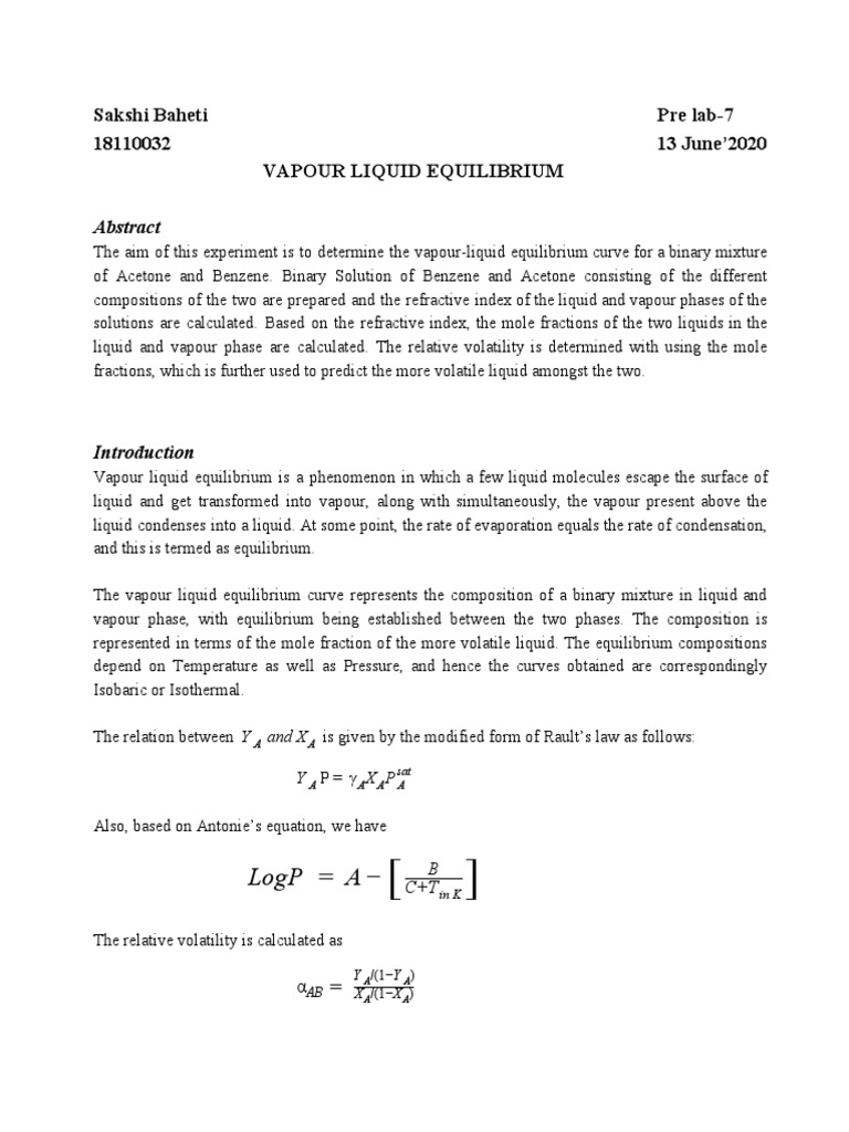 Prelab7 - Vapor Liquid Equilibrium | PDF | Distillation | Liquids