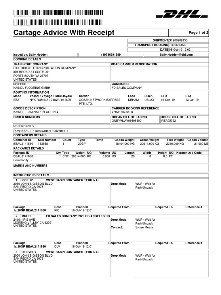 Cartage Advice With Receipt - TB00606076 | PDF | Cargo | Bill Of Lading