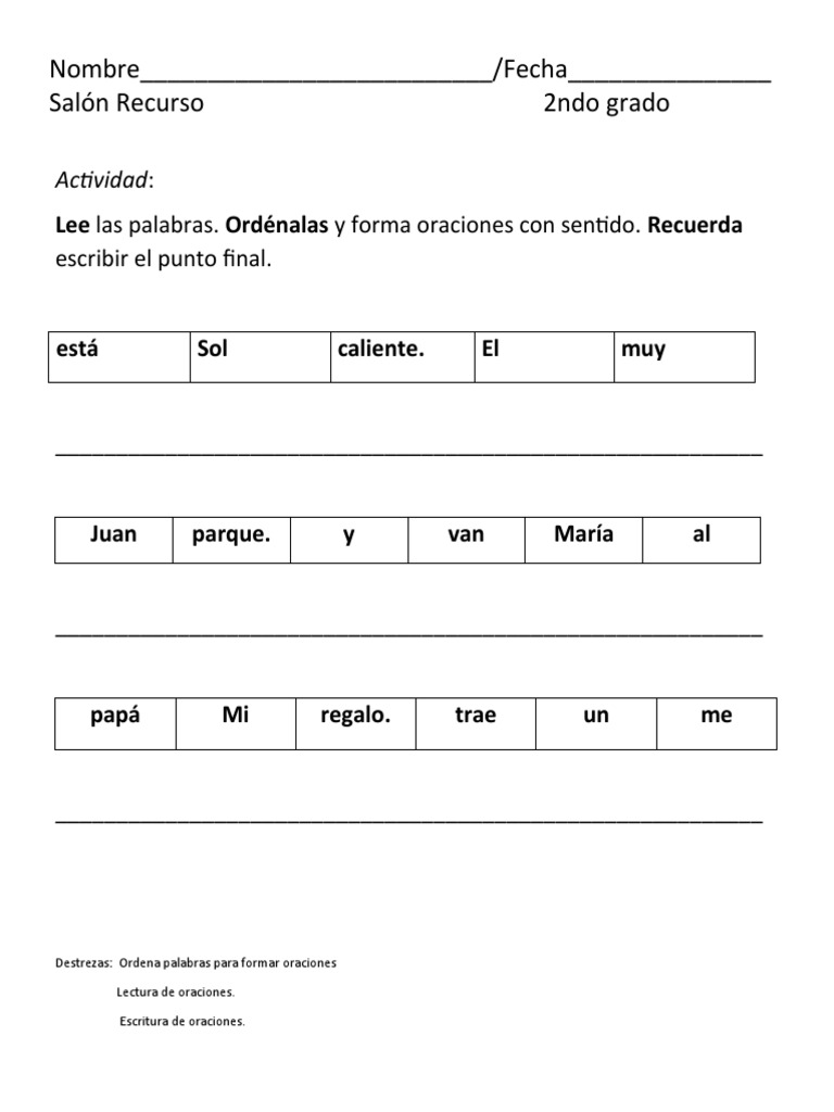 Actividad de Ordenar Oraciones 2do Grado | PDF | Artes del Lenguaje y ...