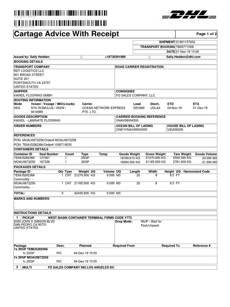 Cartage Advice for Shipment S1901157632 | PDF | Cargo | Bill Of Lading