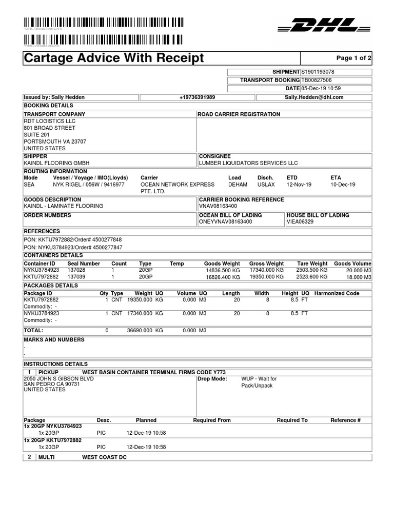 Cartage Advice With Receipt - TB00827506 | PDF | Cargo | Bill Of Lading