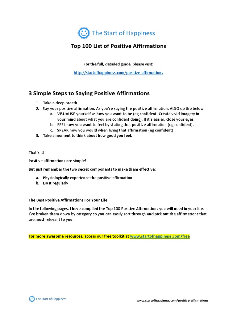 Top 100 List of Positive Affirmations | PDF
