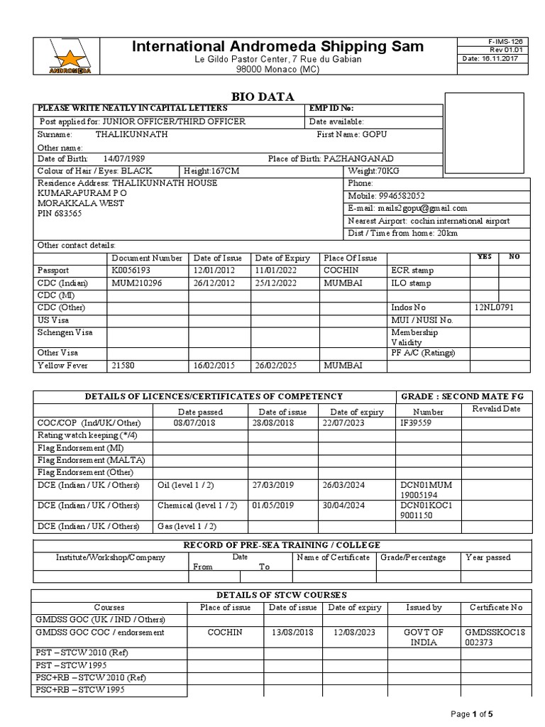 International Andromeda Shipping Sam: Bio Data | Download Free PDF ...