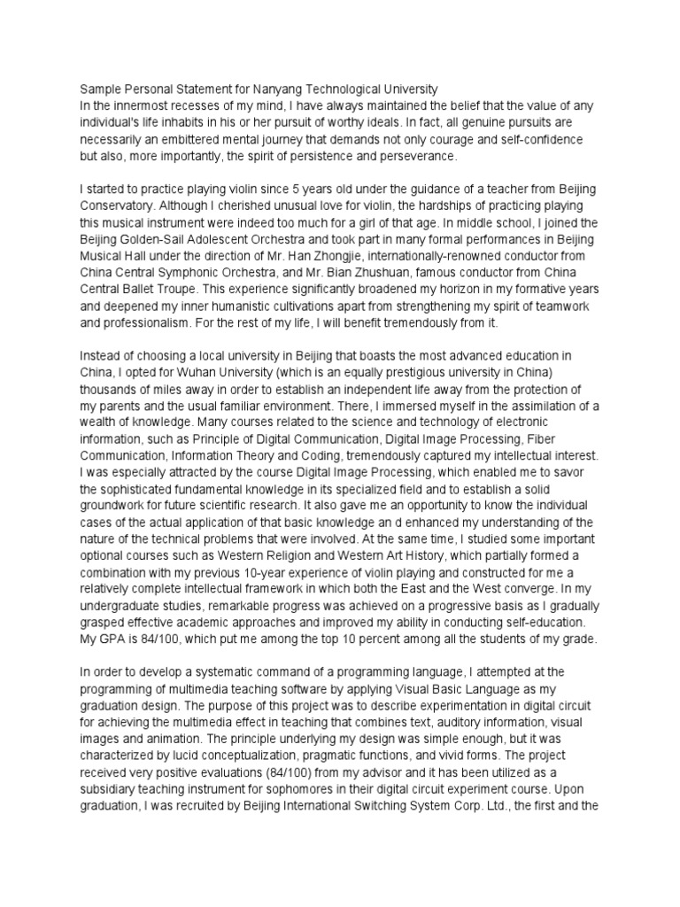 Sample Personal Statement For Nanyang Technological University | PDF ...