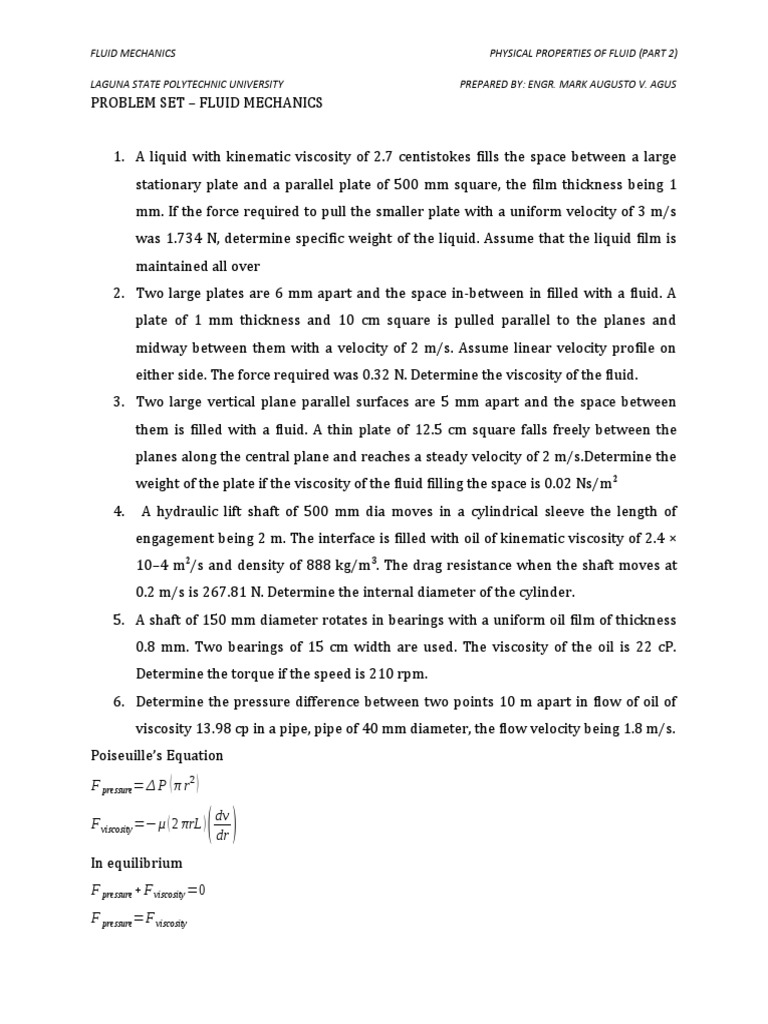 Viscosity Problem Set Solutions | PDF | Pressure | Viscosity