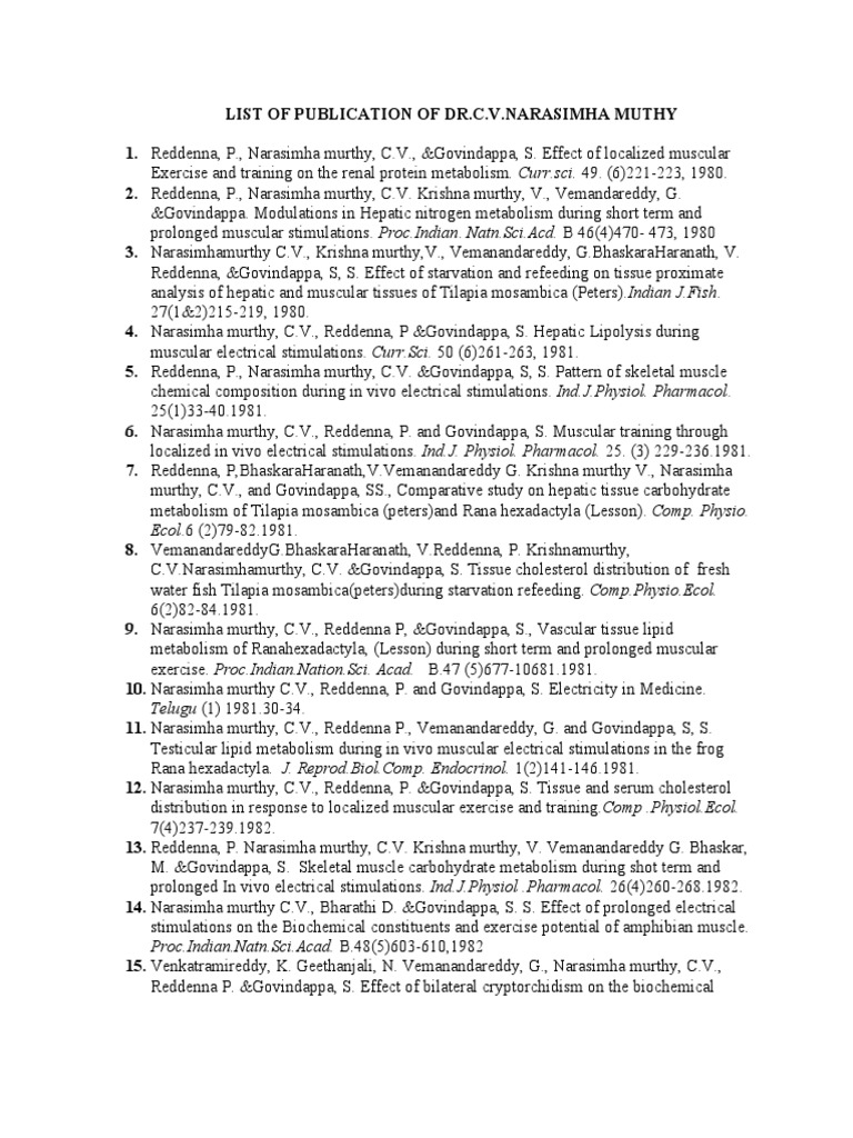 List of Publication of DR CVN Murthy | PDF | Muscle | Aquaculture