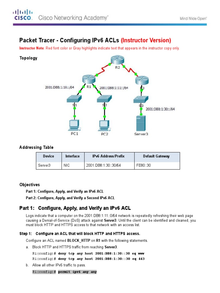 9.5.2.6 Packet Tracer - Configuring IPv6 ACLs Instructions IG | PDF | I Pv6 | Denial Of Service ...