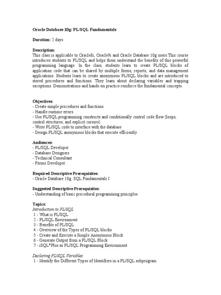 PL/SQL Fundamentals for Oracle 10g | PDF | Pl/Sql | Control Flow
