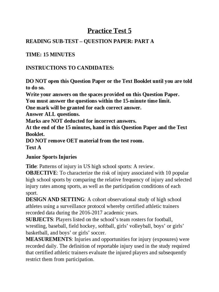 OET2 Reading Test 5 Part A | PDF | Concussion | First Aid