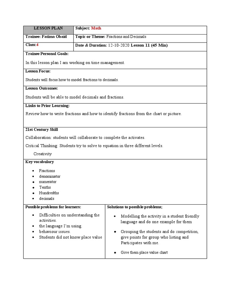Lesson Plan 11 | PDF | Fraction (Mathematics) | Decimal