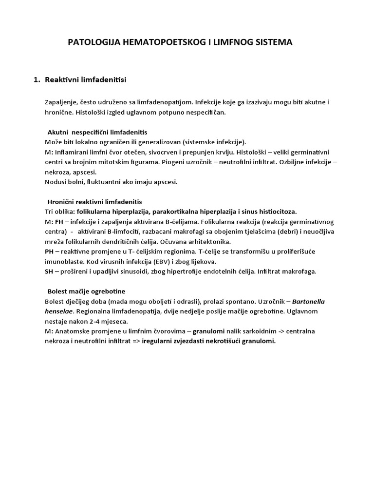 PATOLOGIJA HEMATOPOETSKOG I LIMFNOG SISTEMA Skripta | PDF