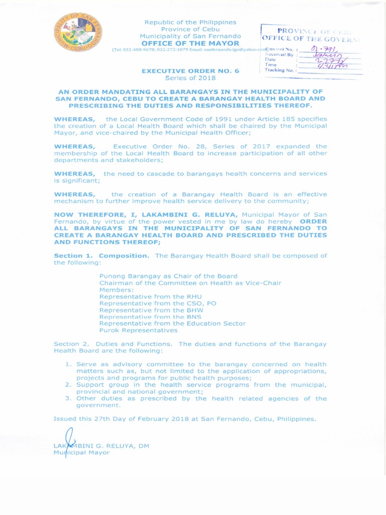 Sample Barangay Executive Order Creating Barangay Health Board | PDF