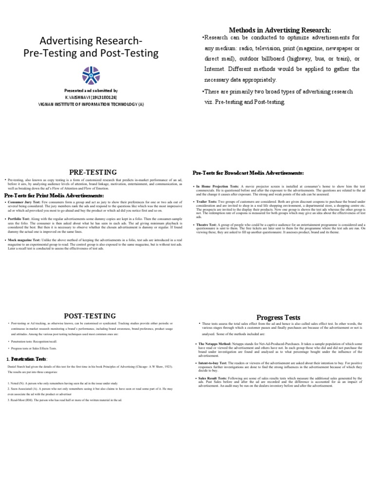 Advertising Research Pre Testing And Post Testing PDF Advertising