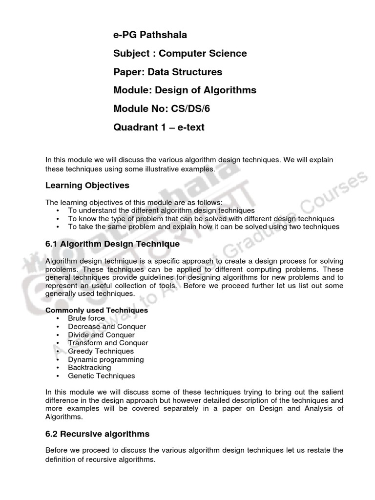 e-PG Pathshala Subject: Computer Science Paper: Data Structures Module: Design of Algorithms ...