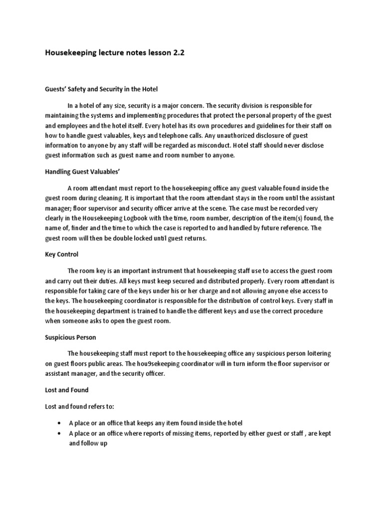 Housekeeping Lecture Notes Lesson 2.2 | PDF | Housekeeping | Government