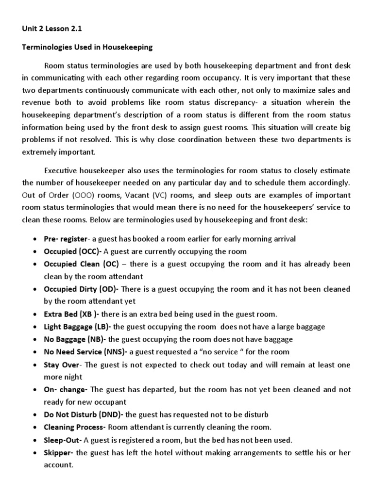 Unit 2 Lesson 2.1 Housekeeping | PDF