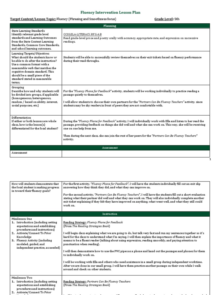 Fluency Intervention Lesson Plan | PDF | Fluency | Neuropsychological ...