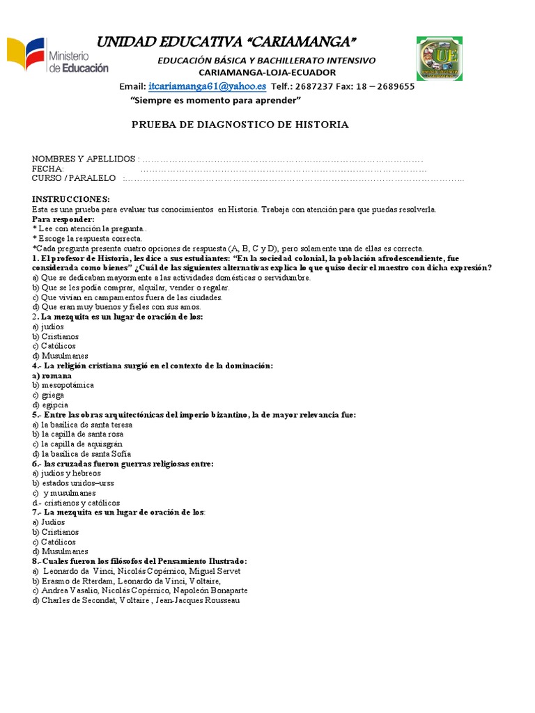 Prueba de Diagnostico Historia | PDF