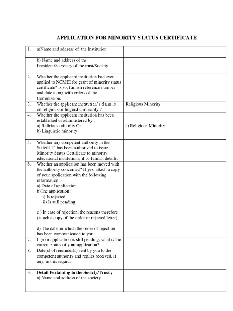 Format Of Application Form For Minority Status Certificate To