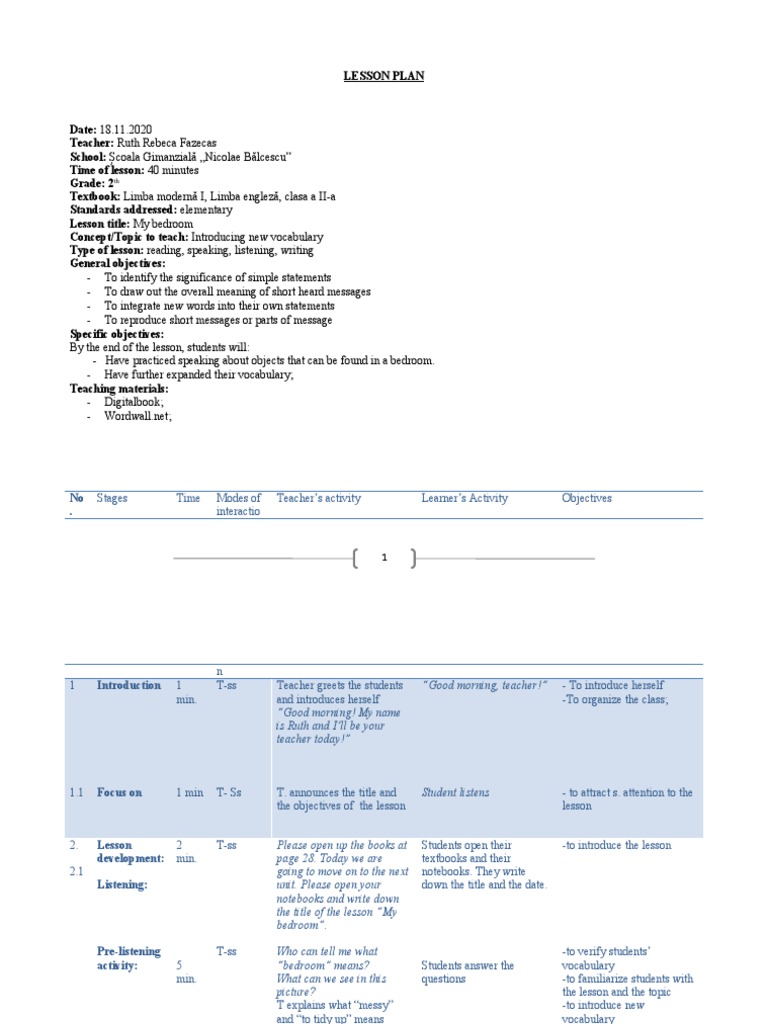 Lesson Plan Clasa A2a Ruth Fazecas | PDF | Reading Comprehension ...