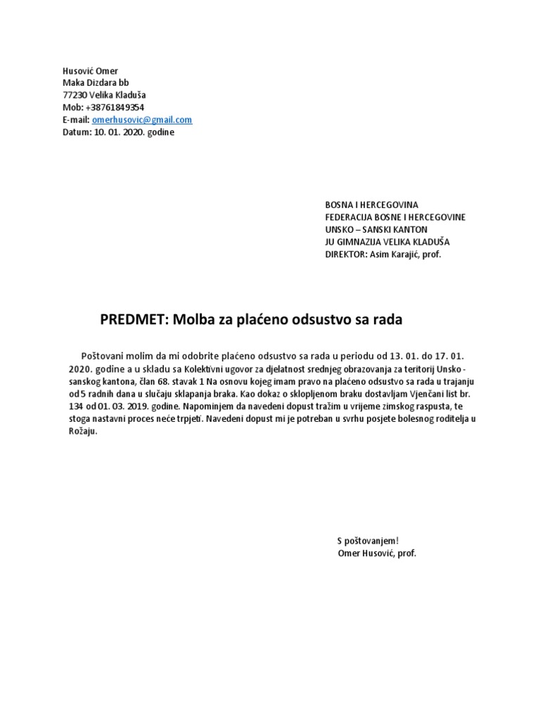 Molba Za Dopust Sa Posla | PDF