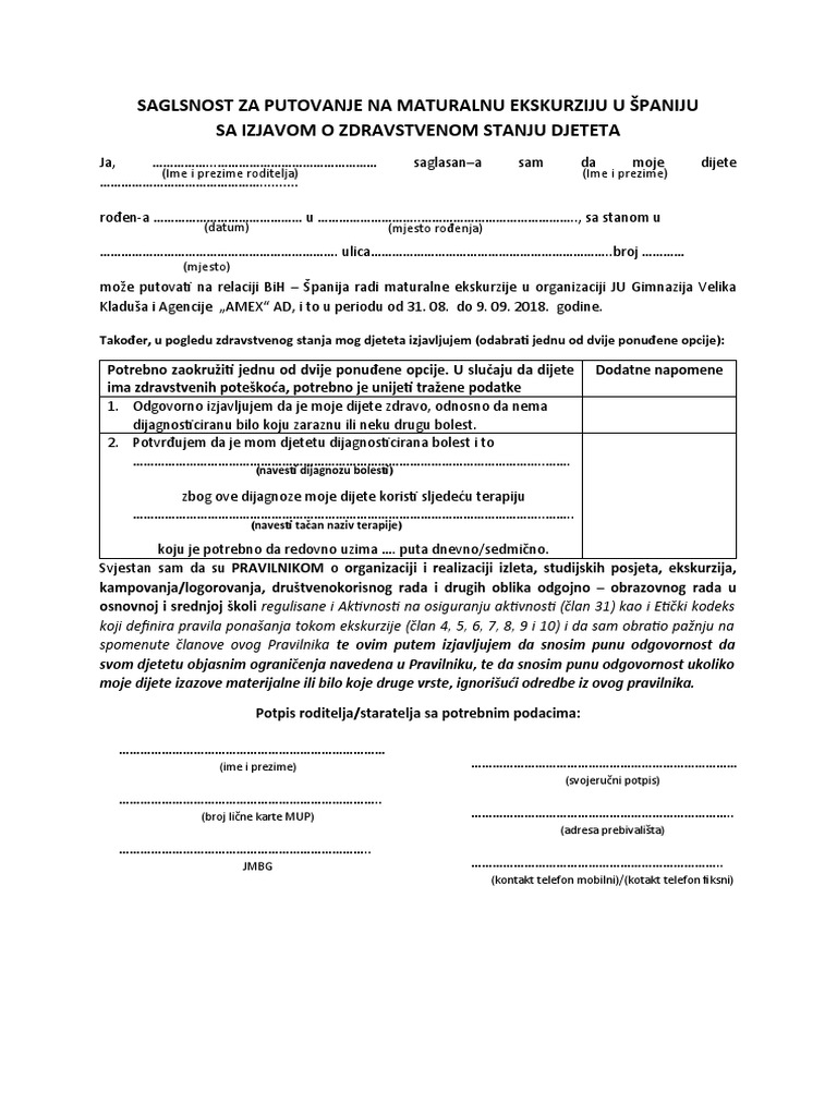 Izjava Roditelja | PDF